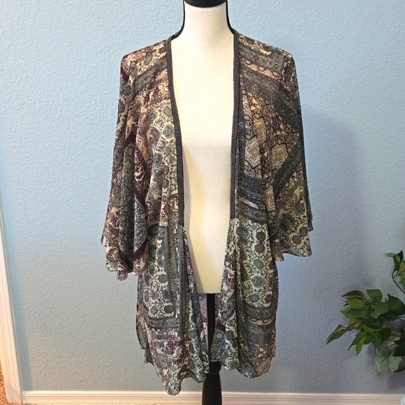 Zara | Tops | Zara Basics Kimono Style Wrap Cover Up Beaded Trim Multi ...